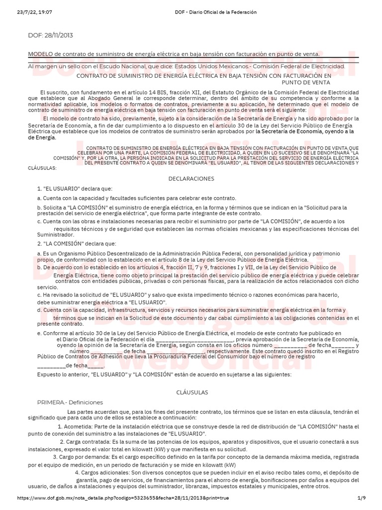 Ejemplo de Modelo de Contrato CFE Baja Tension PDF | PDF