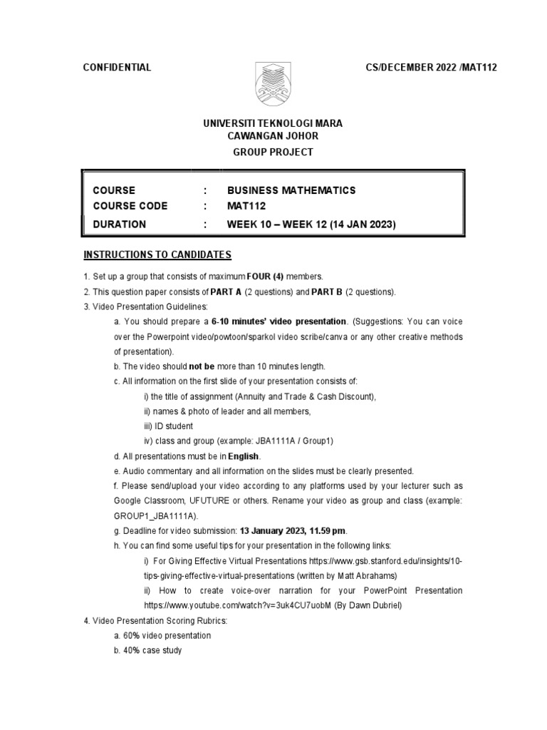 MAT112 Group Project Guidelines | PDF