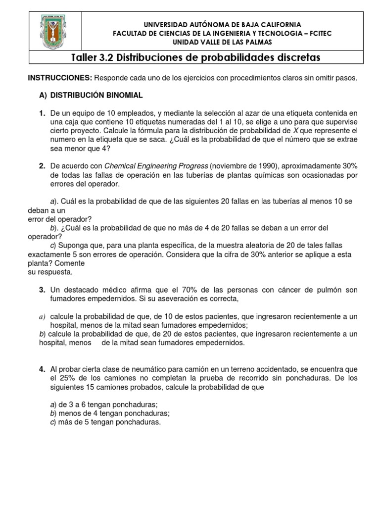 Taller 3.2 DISTRIBUCIONES DE PROBABILIDAD DISCRETAS | PDF