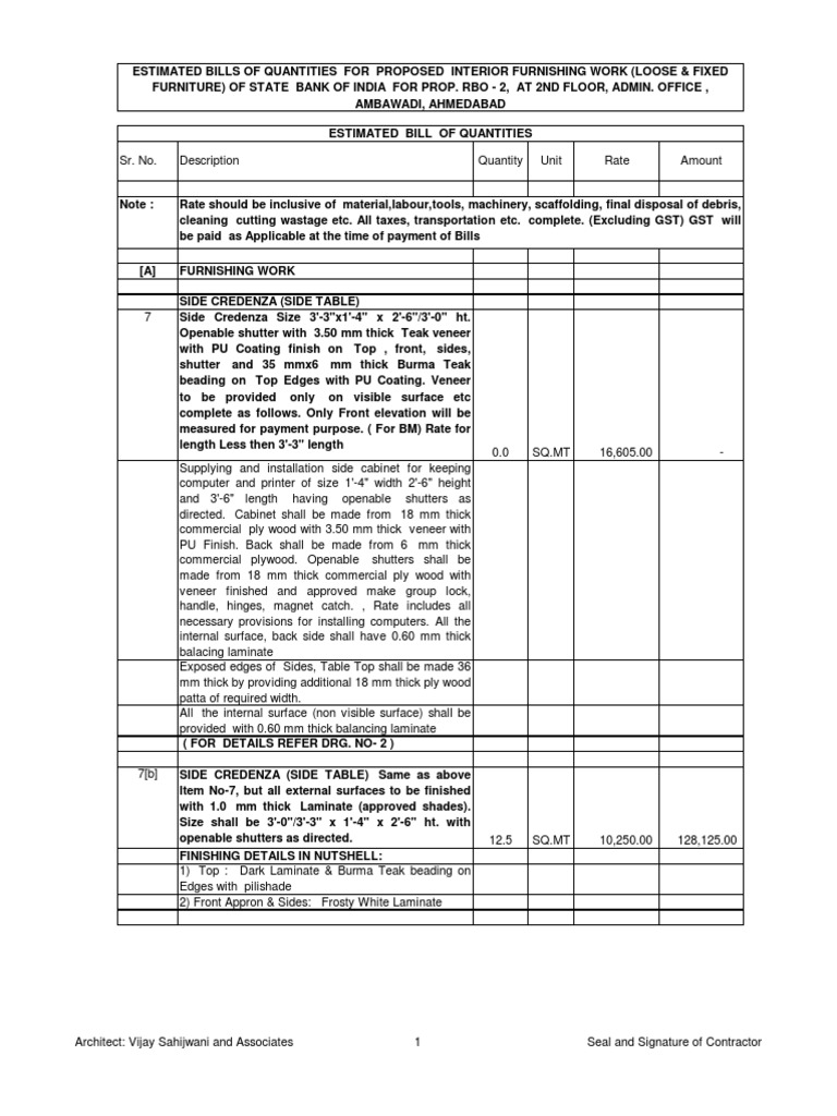 Estimated Boq For Furniture Work PDF | PDF