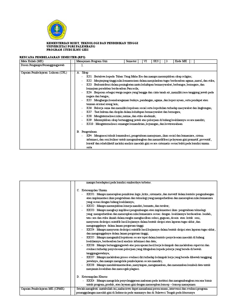 RPS P02181033 Manajemen Program Gizi | PDF