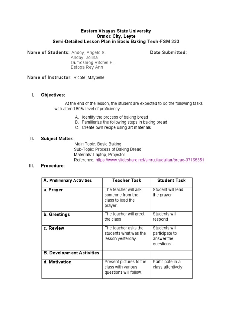 Lesson Plan - Processing of Baking Bread | PDF | Breads | Lesson Plan