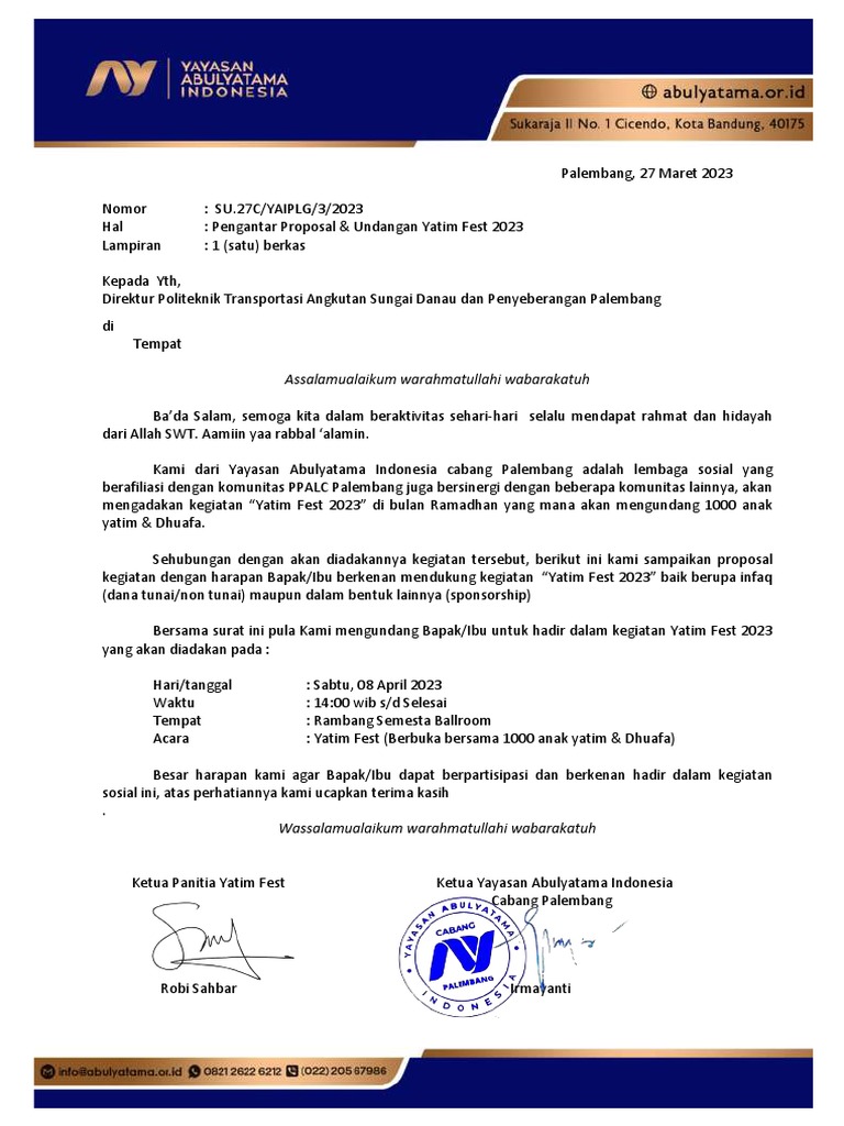 Surat Pengantar Proposal Yatim Fest PDF | PDF