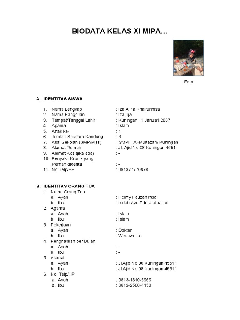 BIODATA KELAS XI MIPA TP 2021-2022 Salinan | PDF