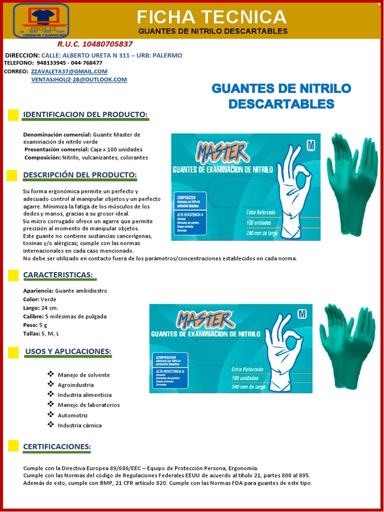 Ficha Tecnica de Guantes de Nitrilo Descartables | PDF