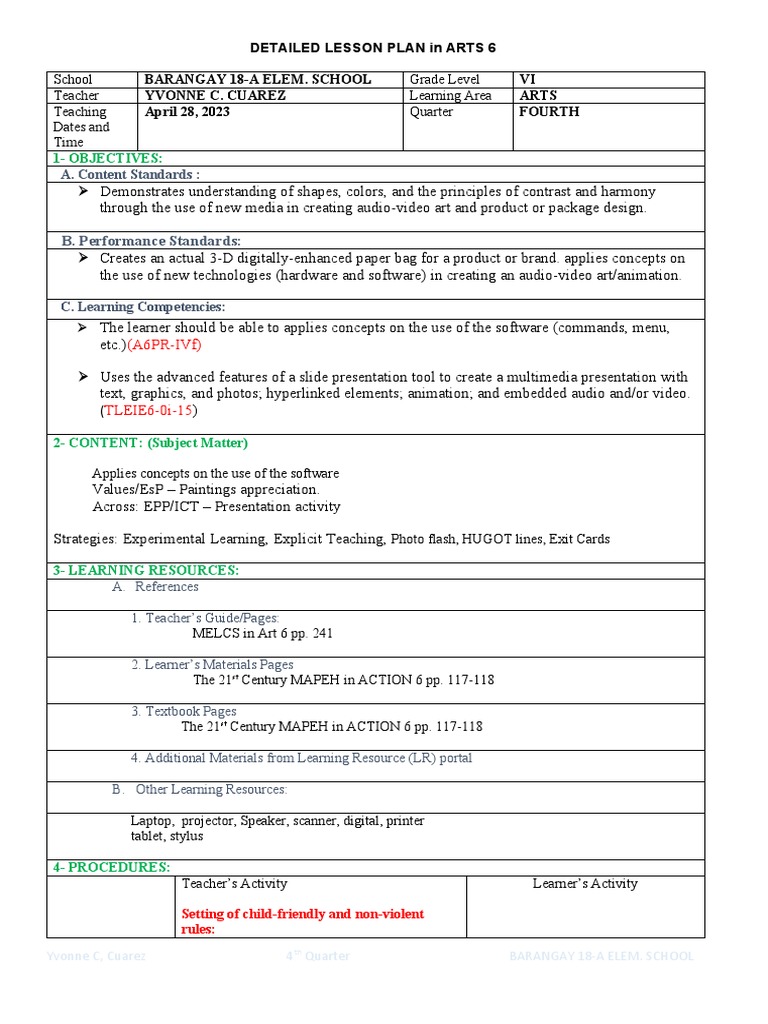 ARTS Grade 6 - Lesson 3 | PDF