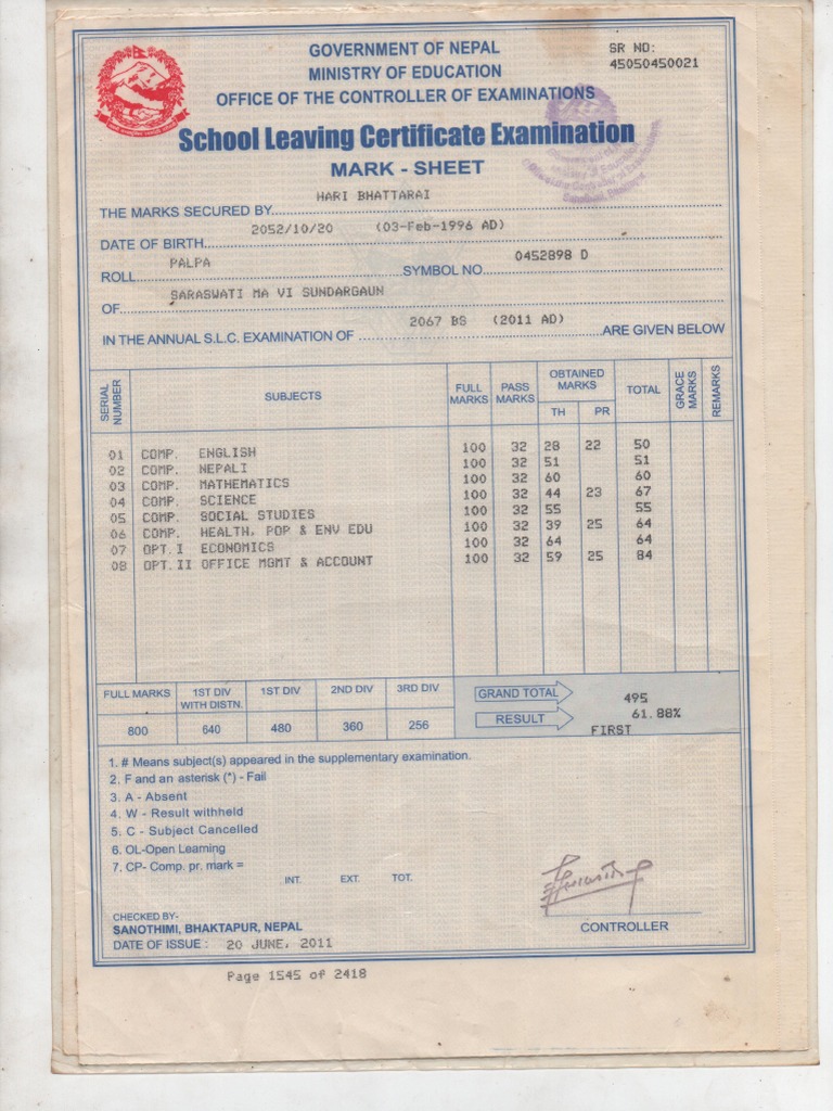 SLC Markssheet PDF | PDF