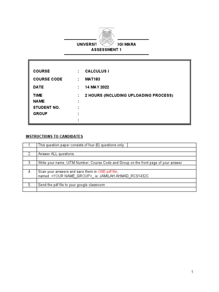 Assessment 1 - Mat183 - May2022 - Answers | PDF