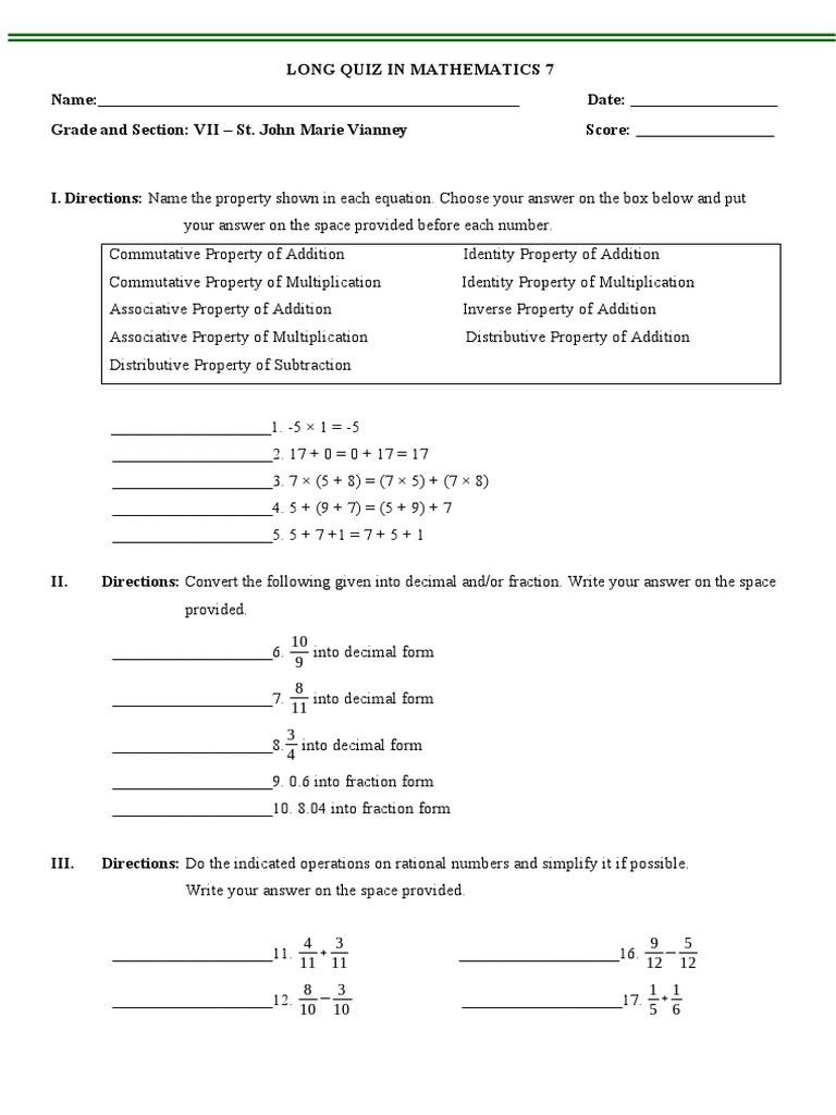 Long Quiz in Mathematics 7 | PDF