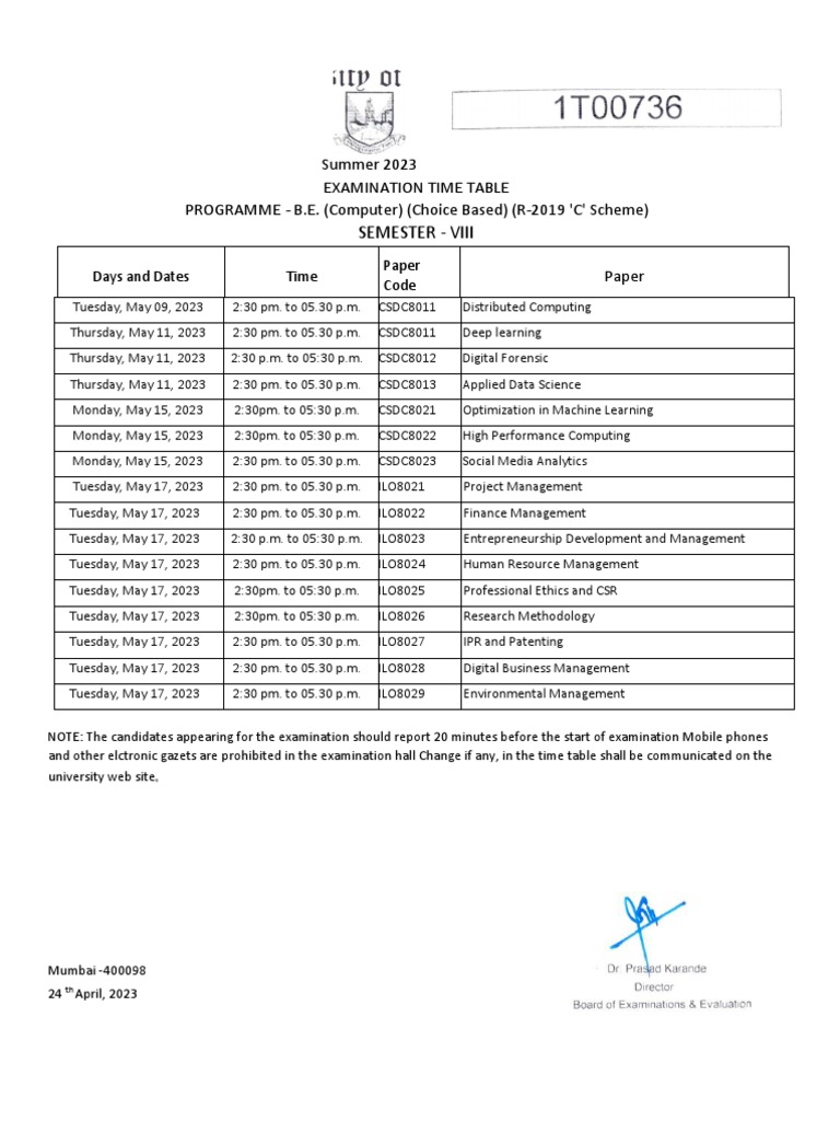 Summer 2023 Exam Timetable - B.E. Computer Sem 8 | PDF