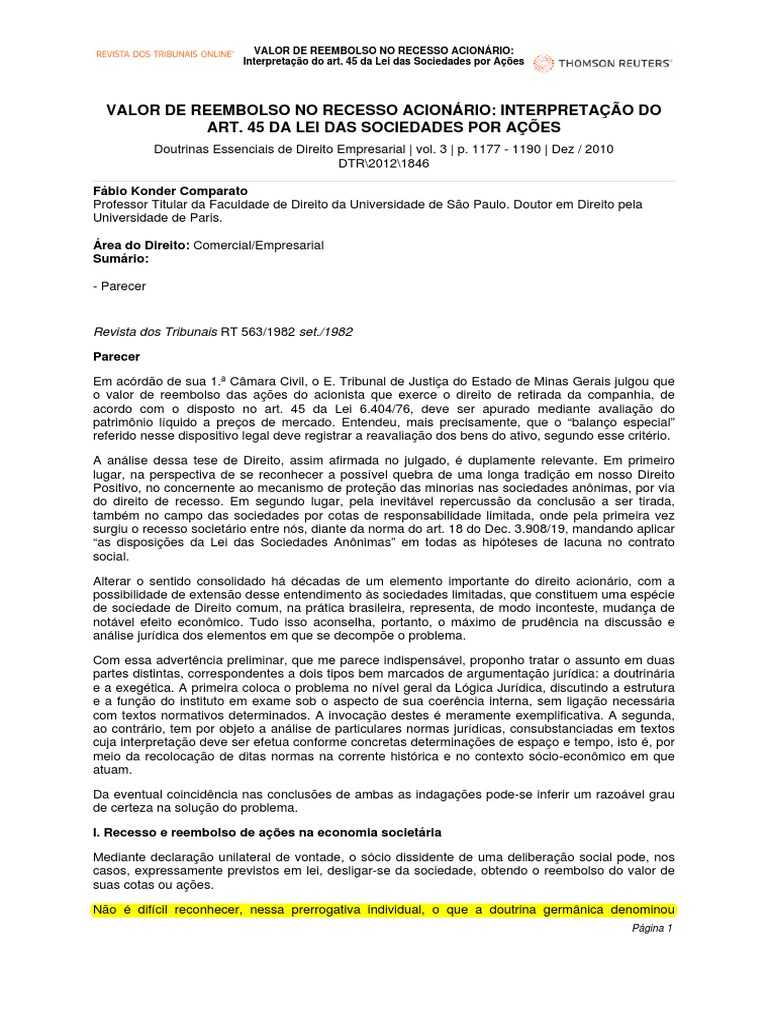 Comparato - VALOR DE REEMBOLSO NO RECESSO ACIONÁRIO INTERPRETAÇÃO DO ...