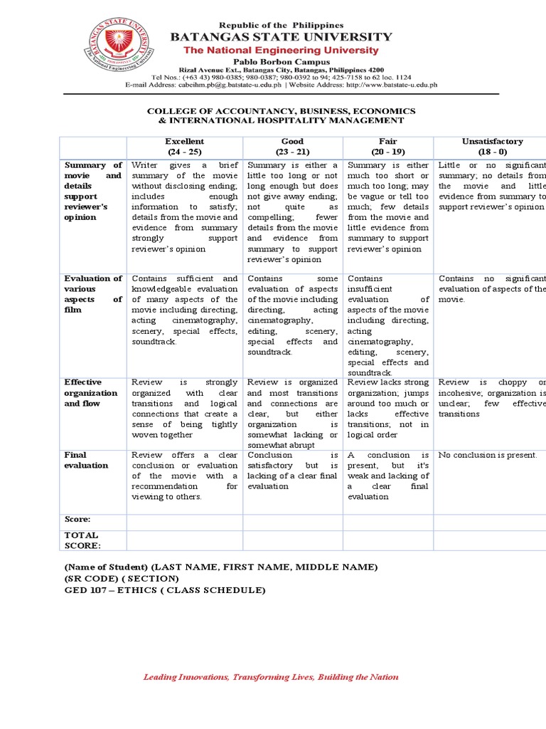 Rubrics For Movie Review - Odt | PDF