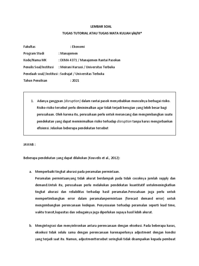 Tugas 3 EKMA4371 Manajemen Rantai Pasokan - Yulia Agustina 044279423 PDF | PDF | Karier ...