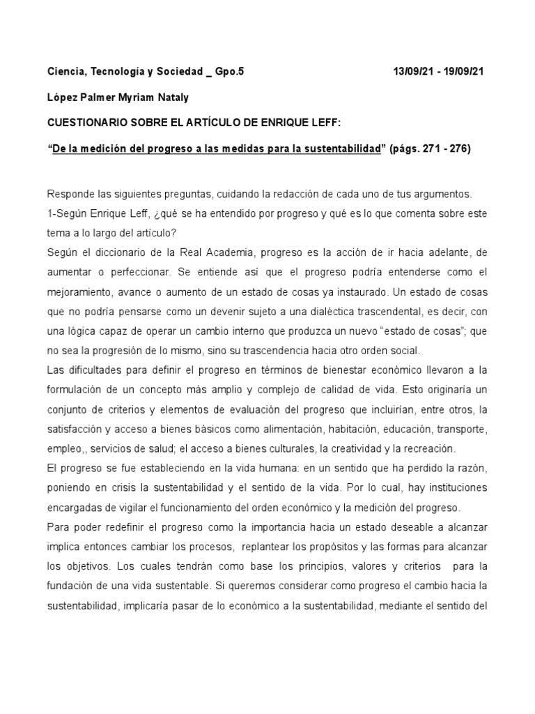 CUESTIONARIO SOBRE EL ARTÍCULO DE ENRIQUE LEFF - LPMN - CTyS - 05 | PDF ...