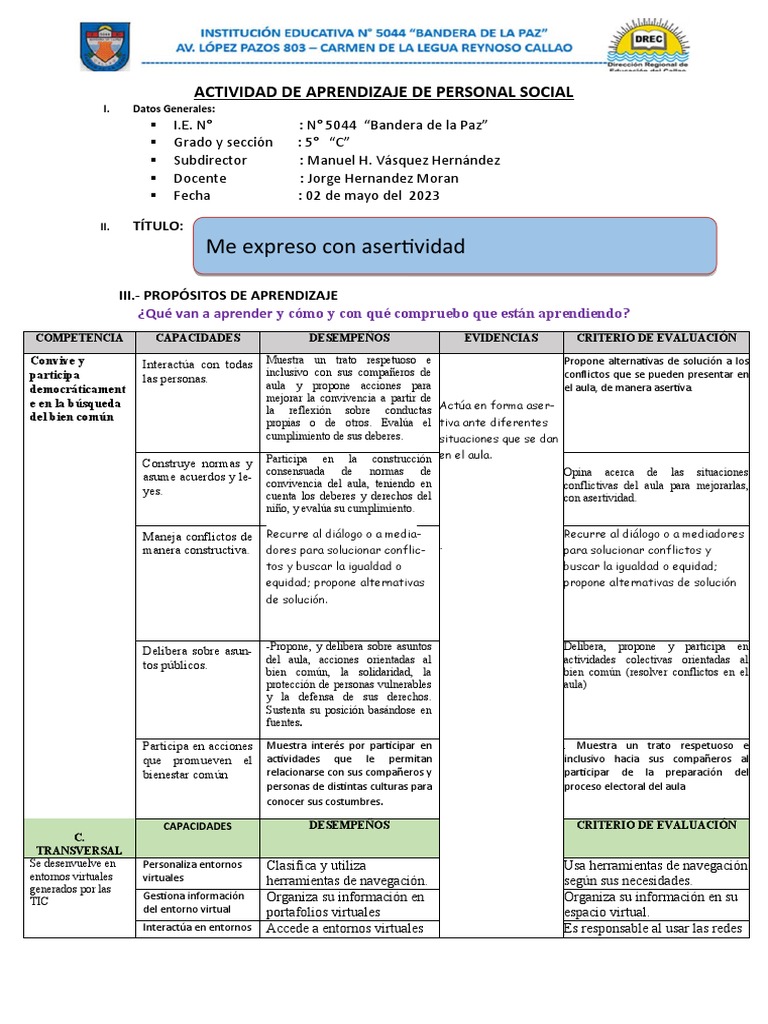 Sem 7 P.s-Me Expreso Con Asertividad - 03-05.23 Sem3-Exp2 | PDF | Aprendizaje | Evaluación