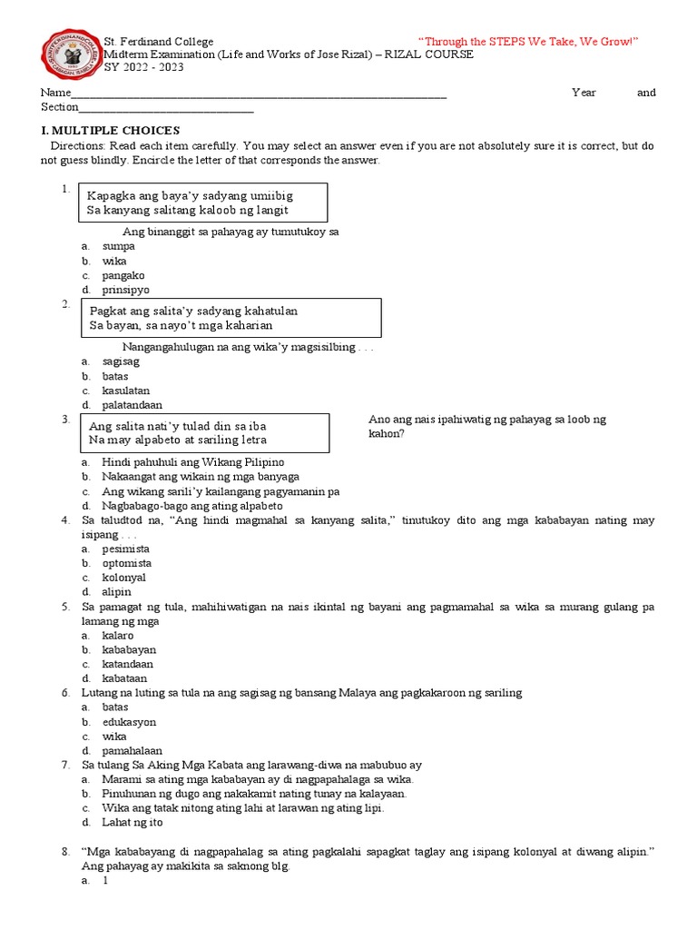 RIZAL COURSE - Midterm Examination | PDF