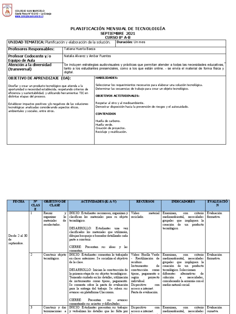 Planificación Tecnología 8vo básico septiembre.doc | PDF | Reciclaje