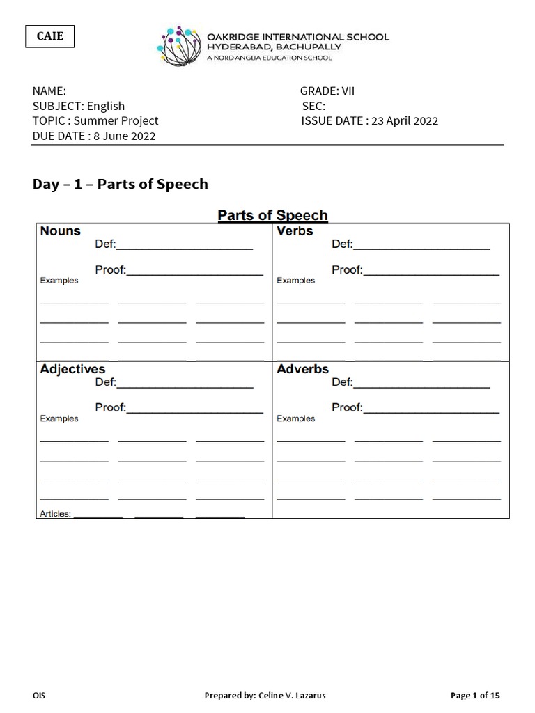 Grade 7 English Summer Project Guide | PDF
