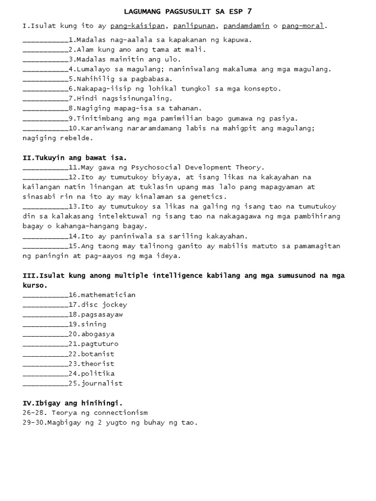 Lagumang Pagsusulit Sa Esp 7 | PDF