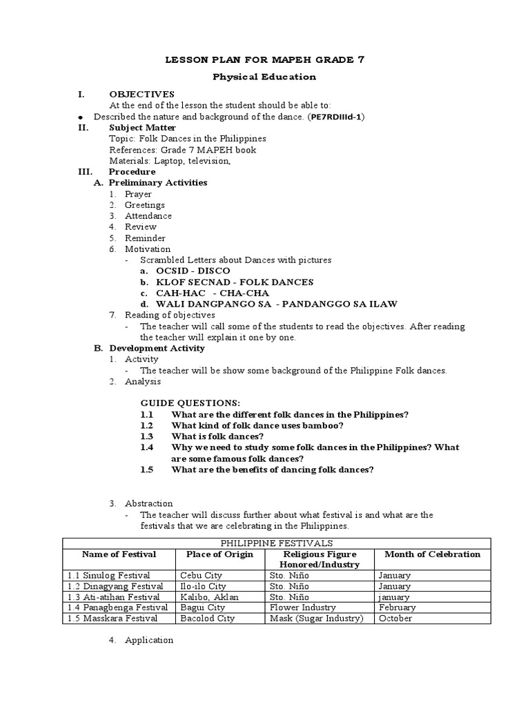 Lesson Plan For Mapeh Grade 7 | PDF