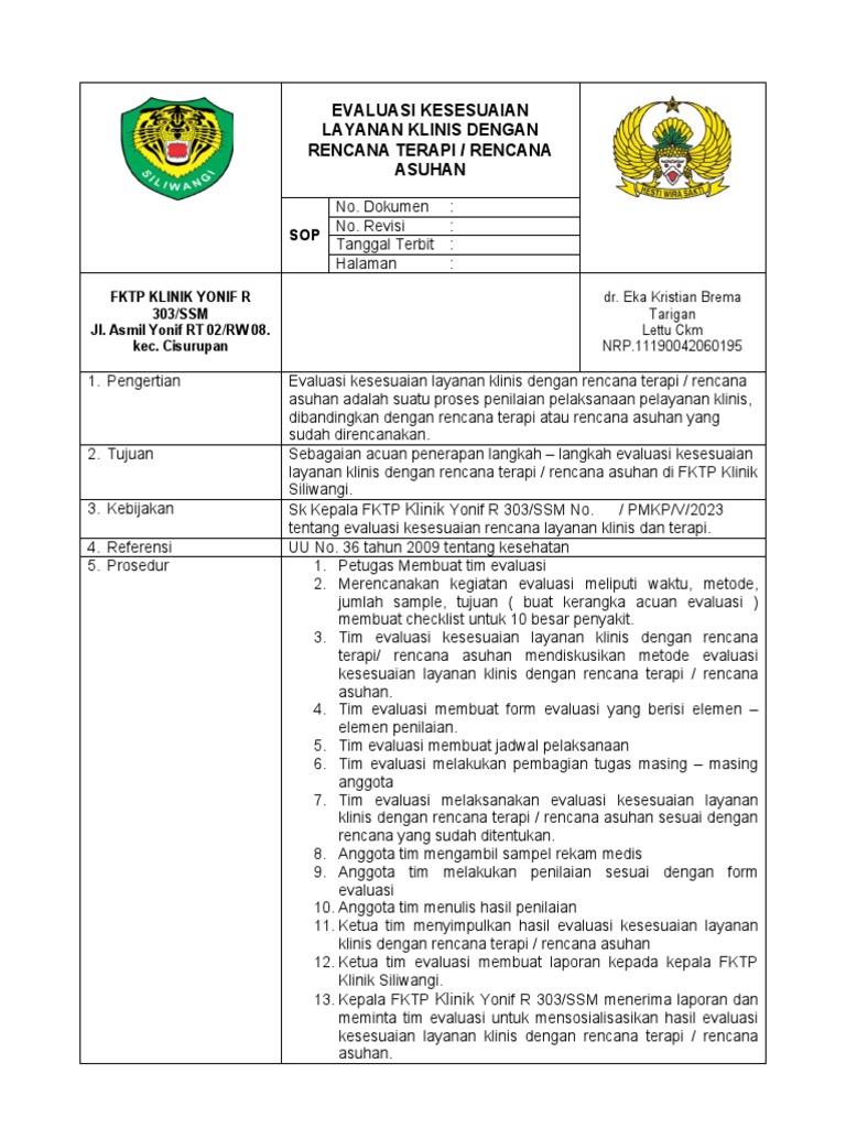 Sop Evaluasi Kesesuaian Layanan Klinis Dengan Rencana Terapi Asuhan | PDF