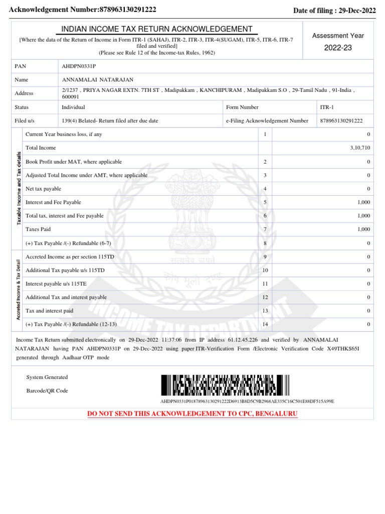 ITR Acknowledgement for FY 2022-23 | PDF