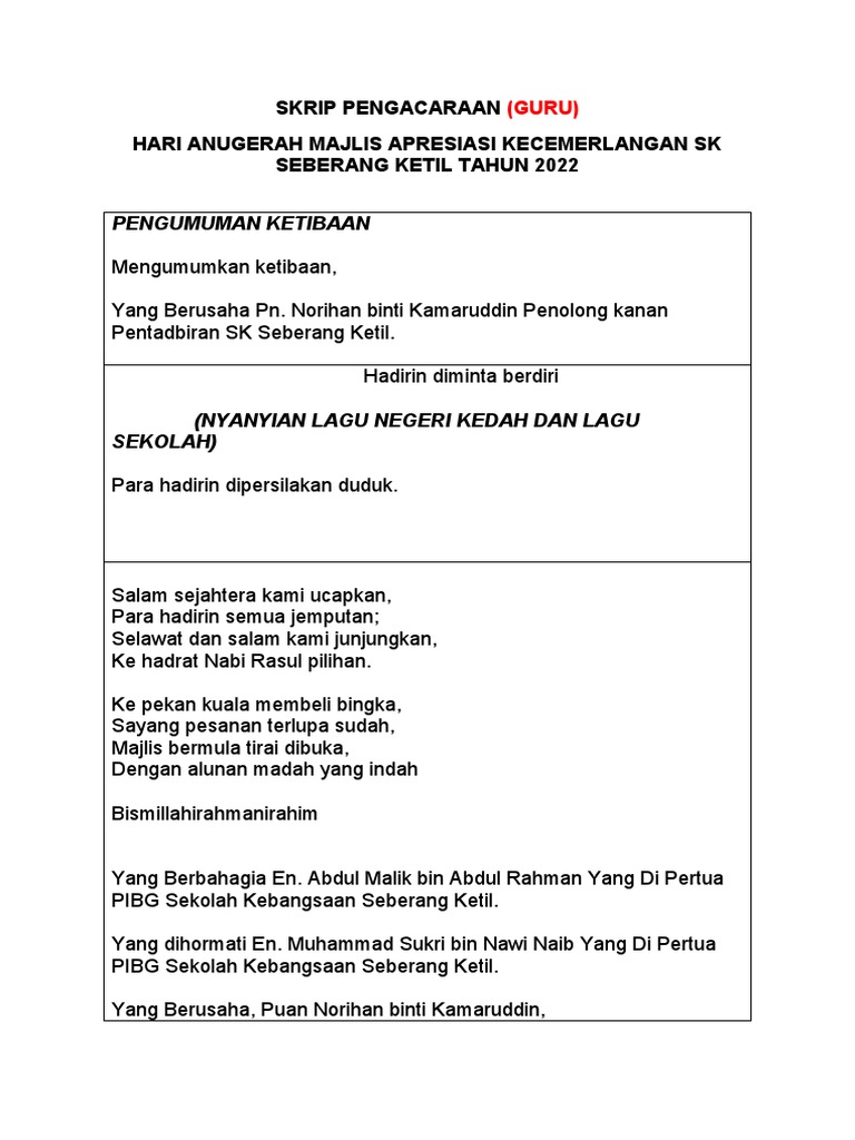 Skrip Pengacaraan Majlis Apresiasi 2022 | PDF