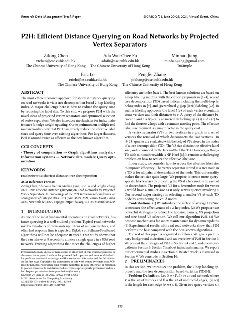 10. P2H Efficient Distance Querying on Road Networks by Projected Vertex Separators.pdf | PDF