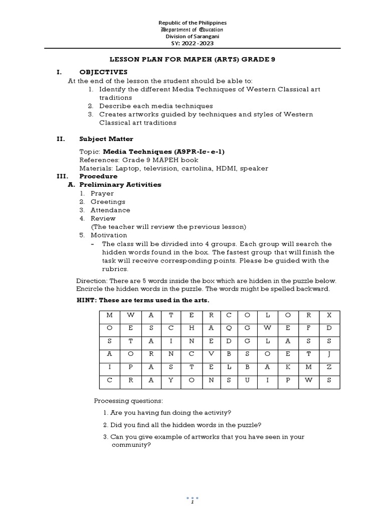 Lesson Plan For Mapeh Grade 9 | PDF