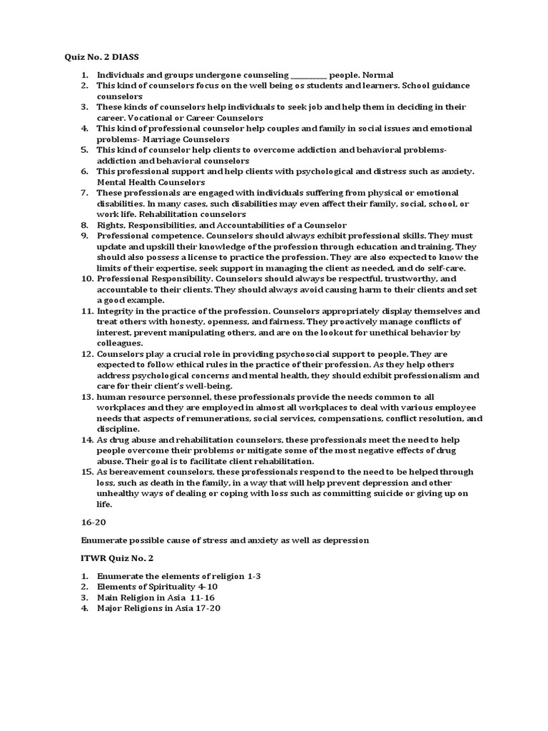 Quiz No2 Diass Itwr Pdf School Counselor Mental Health