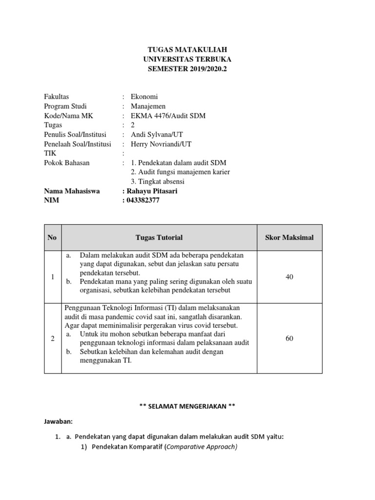 TUGAS TUTORIAL 2 - EKMA4476-Audit SDM PDF | PDF