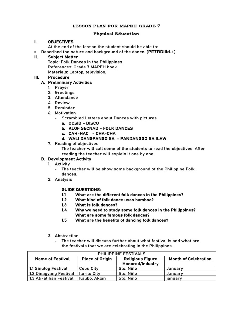 Lesson Plan For Mapeh Grade 7 PDF | PDF