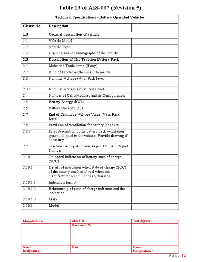 Battery Vehicle Specs: AIS-007 R5 | PDF