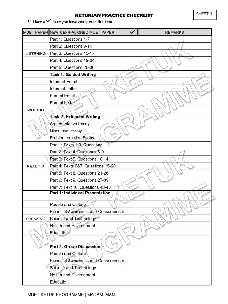 Muet Ketukian Speed Target Setting Checklist - 4 Pages PDF | PDF ...