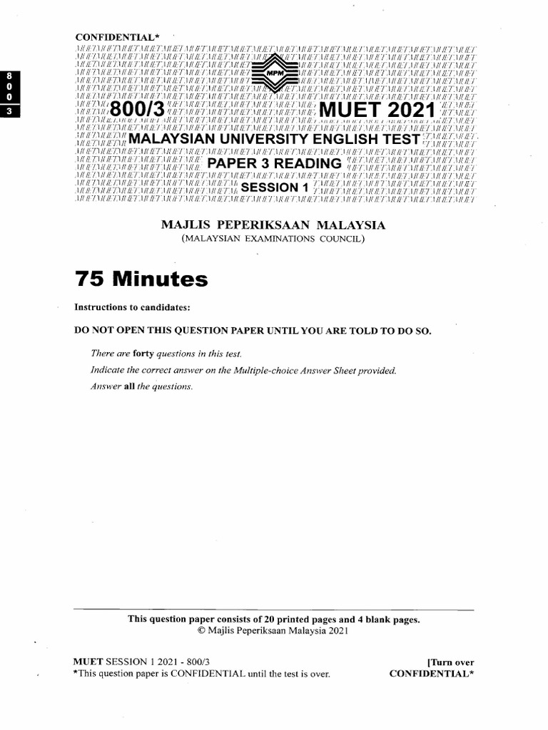 MUET Reading Past Paper Session 1 2021 PDF | PDF