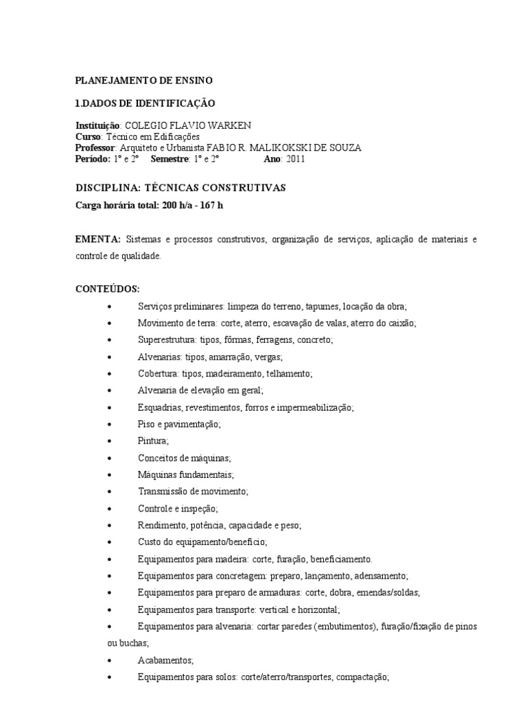 Plano de Curso Tecnico em Edificacoes Subsequente Tecnicas Construtivas | PDF | Sociologia ...
