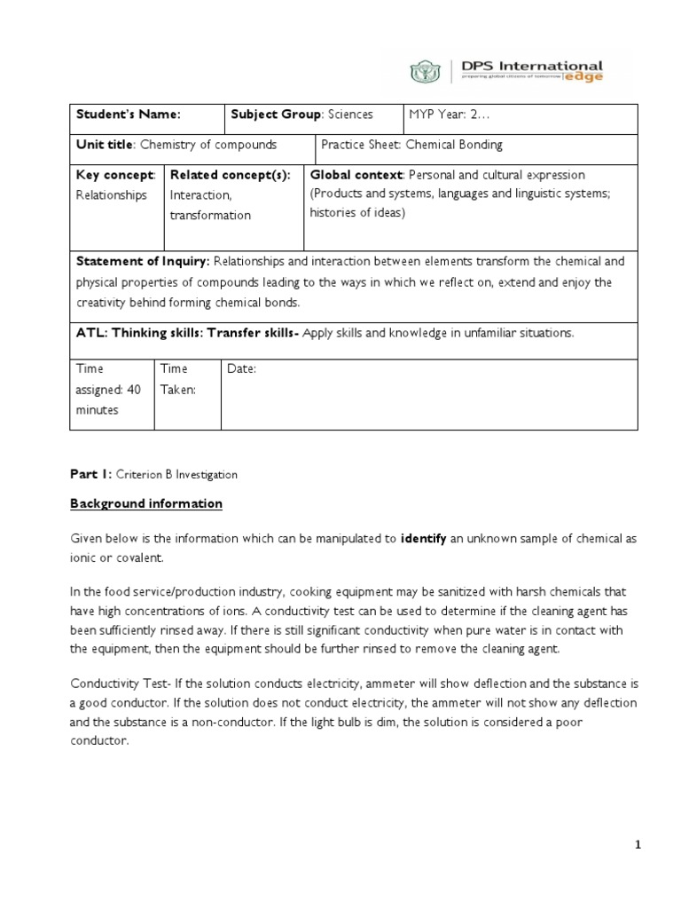 Chemical Bonding Inquiry Activity Key | PDF