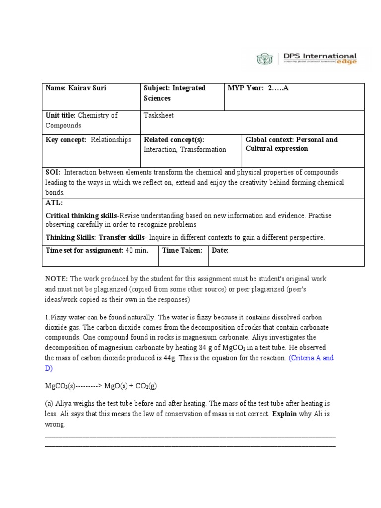 SB - Myp 2 Tasksheet1-3 | PDF | Science & Mathematics