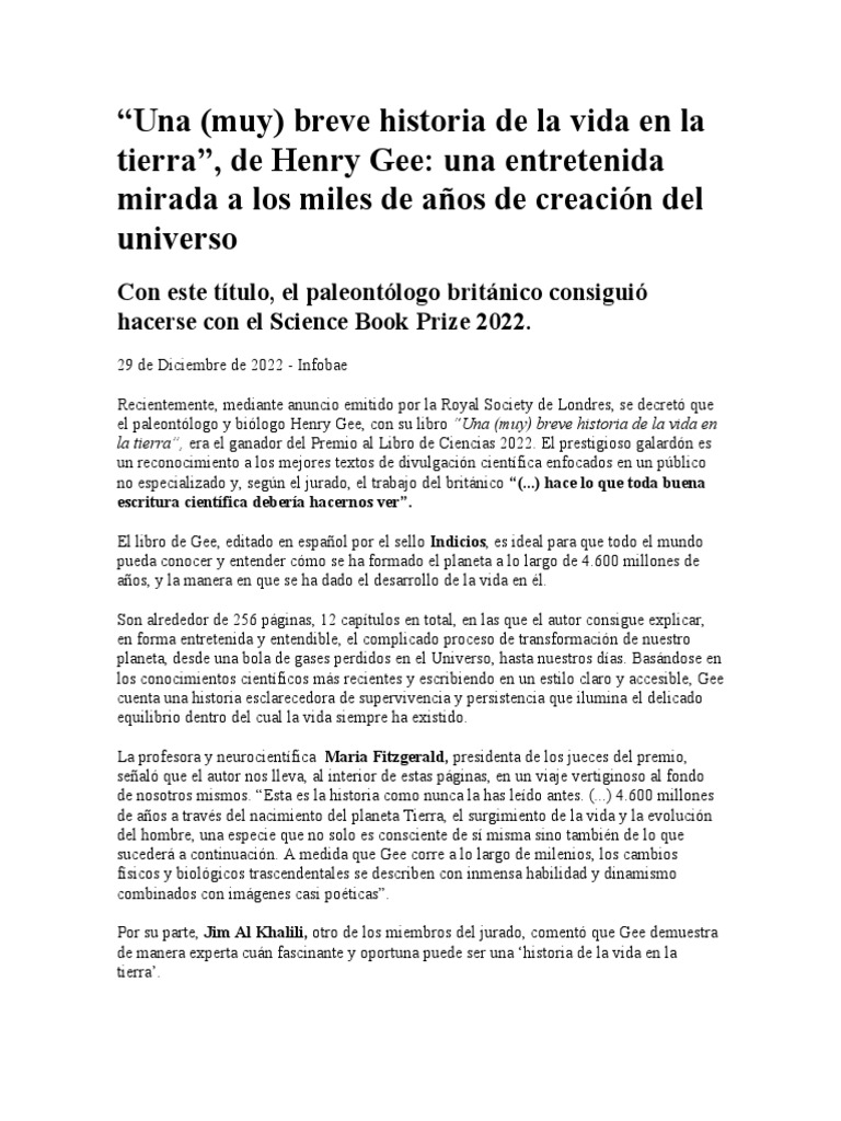 Una (Muy) Breve Historia de La Vida en La Tierra | PDF