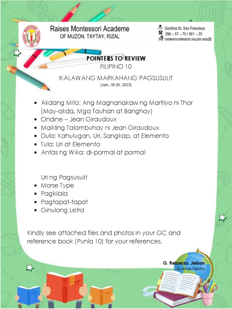 POINTERS TO REVIEW Filipino 10 2nd QTR PDF | PDF