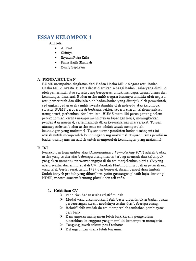 ESSAY KELOMPOK 1 Ekonomi | PDF | Karier & Perkembangan | Bisnis