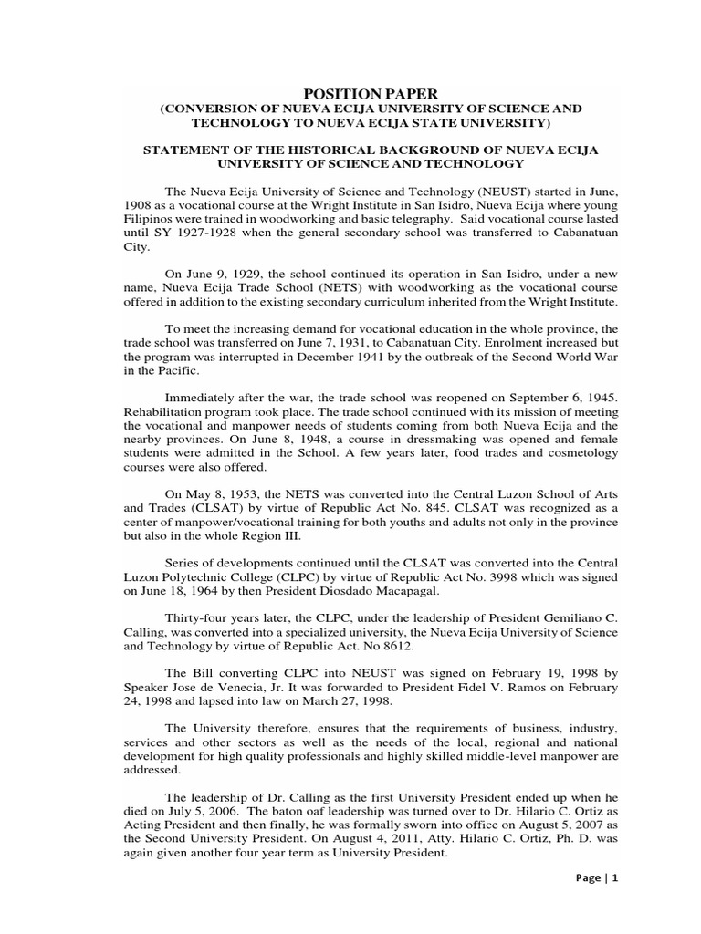 Position Paper Conversion of NEUST To NESU PDF | PDF
