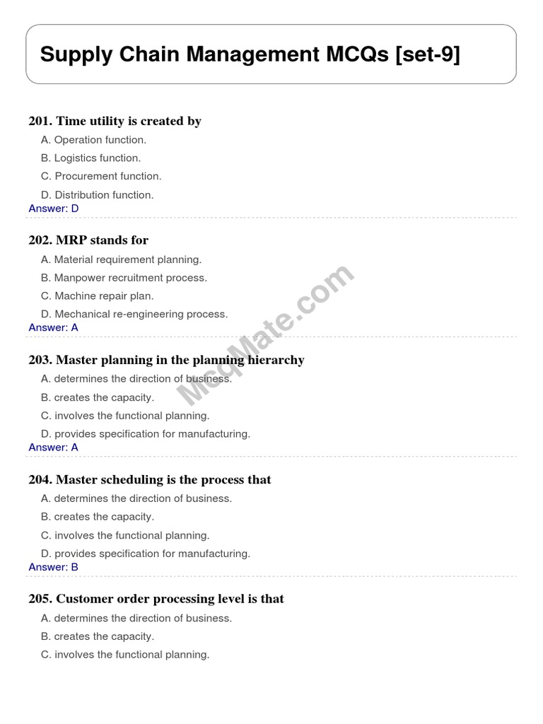 Supply Chain Management Solved MCQs (Set-9) PDF | PDF