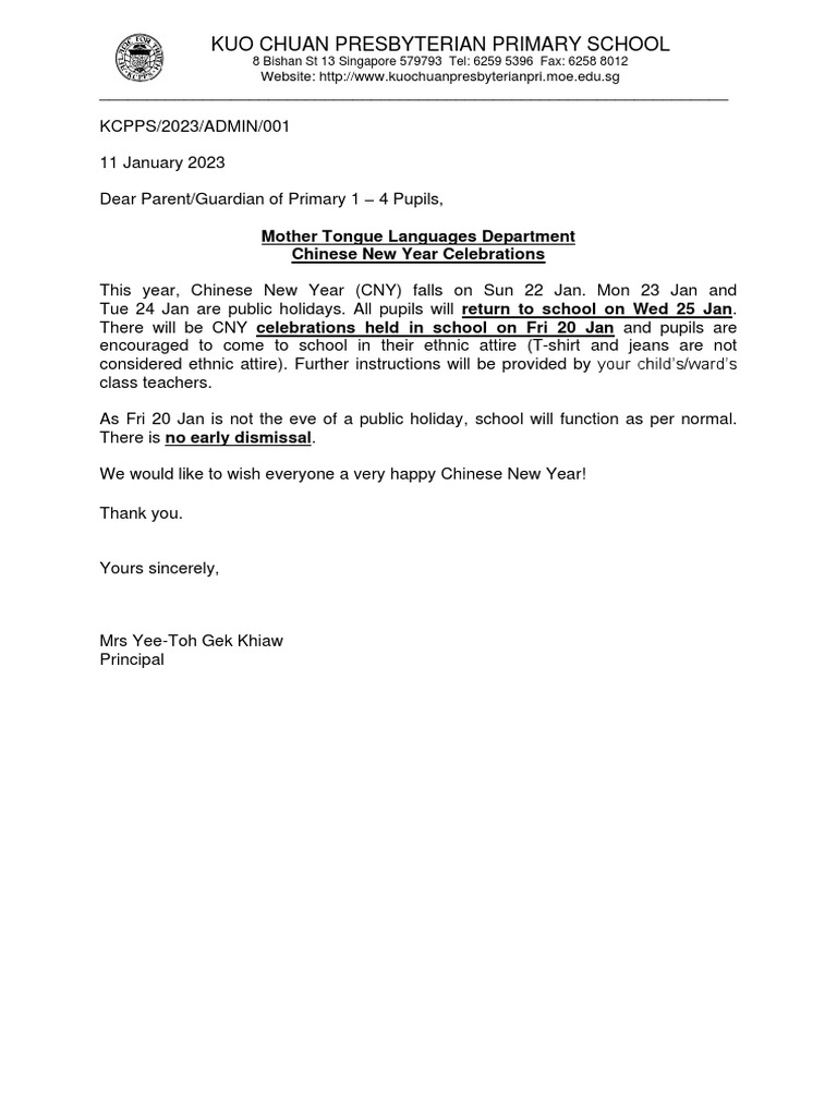Letter To Parents - CNY 2023 - P1-P4 PDF | PDF