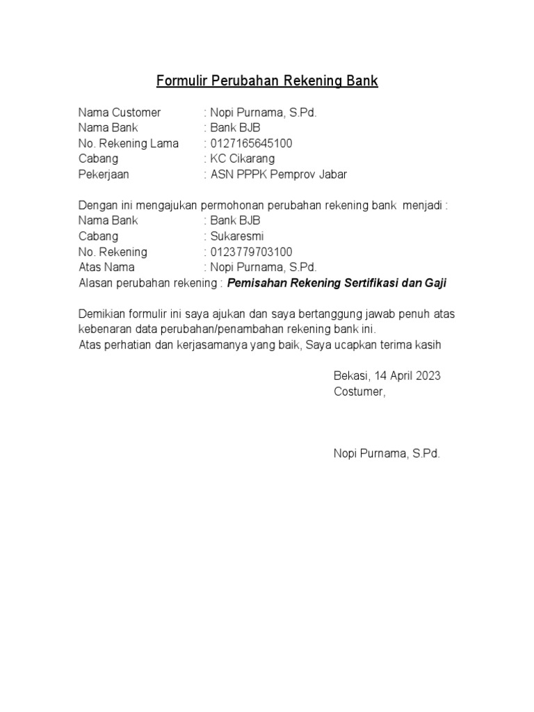 Permohonan Perubahan Rekening Bank NOPI.docx | PDF