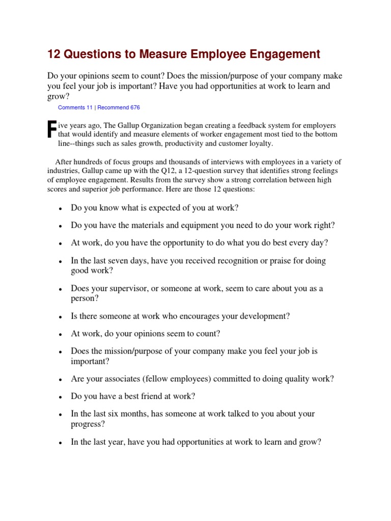 Gallup 12 Questions To Measure Employee Engagement | PDF