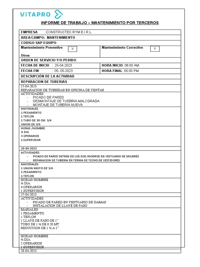 Reparacion de Tuberias - Informe | PDF | Equipo | edificio