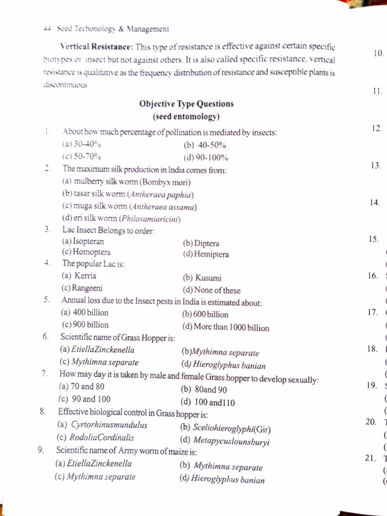 Seed Entomology Quiz Questions | PDF