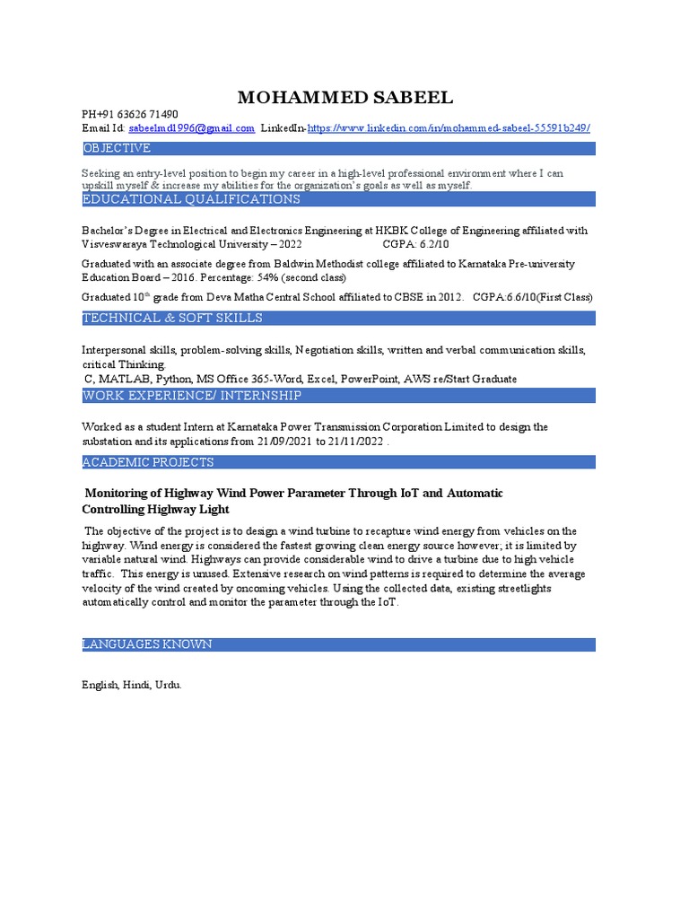 Mohammed Sabeel Resume Pdf 
