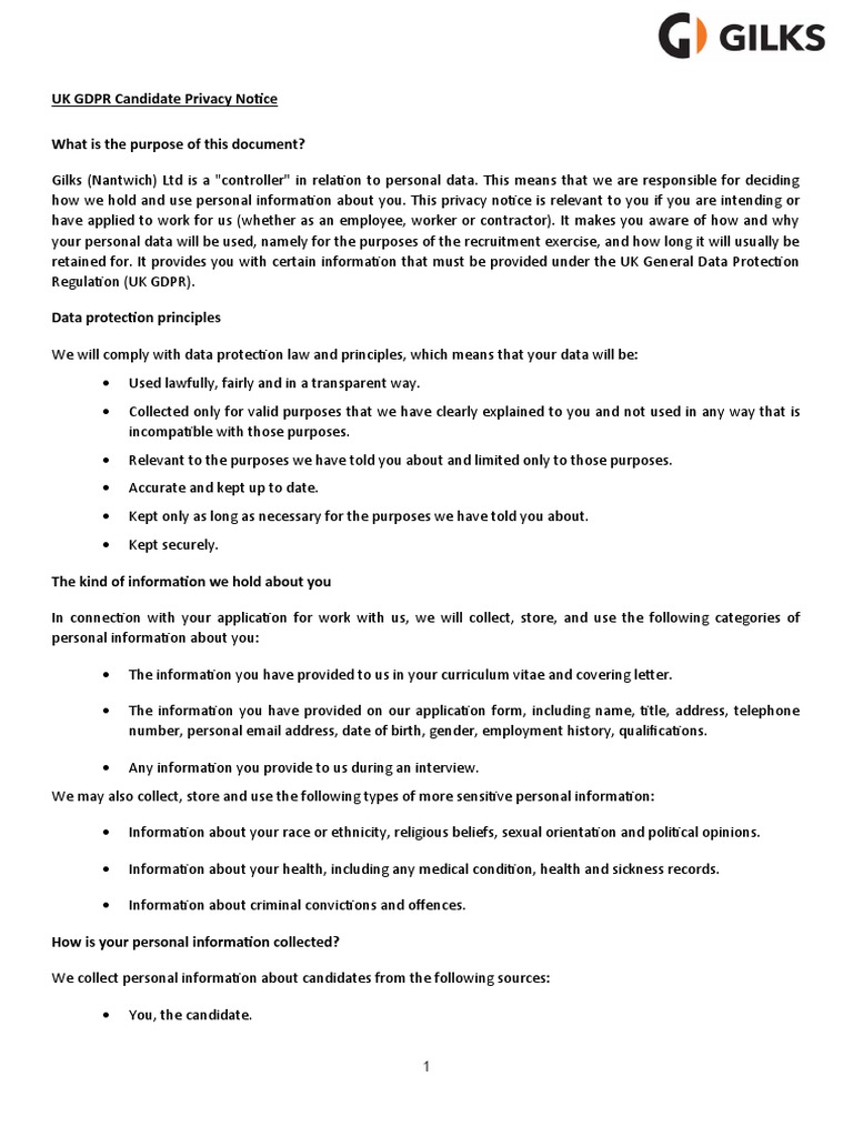 Gilks Candidate Privacy Notice | PDF